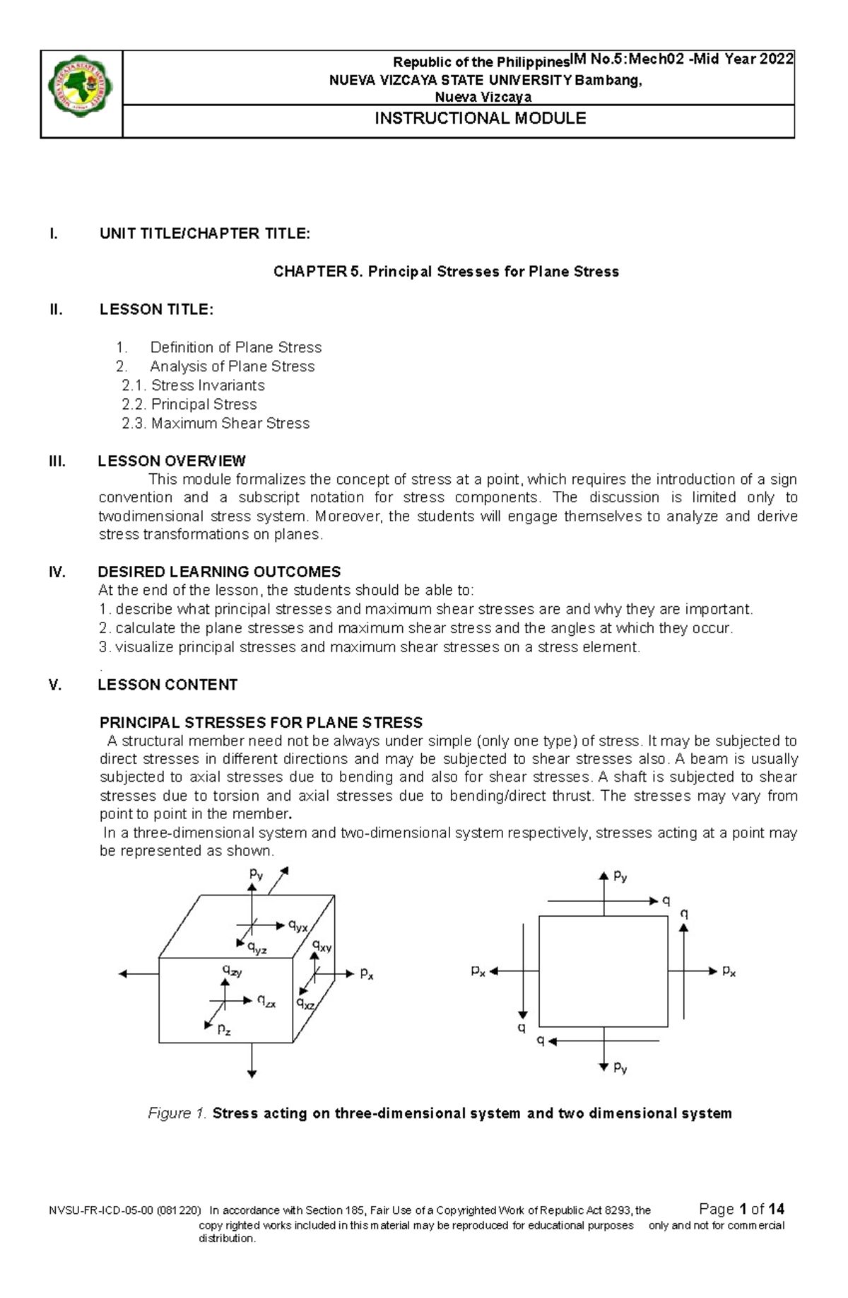IM5 MECH 02 Principal Stress for Plane Surfaces - I. UNIT TITLE/CHAPTER ...