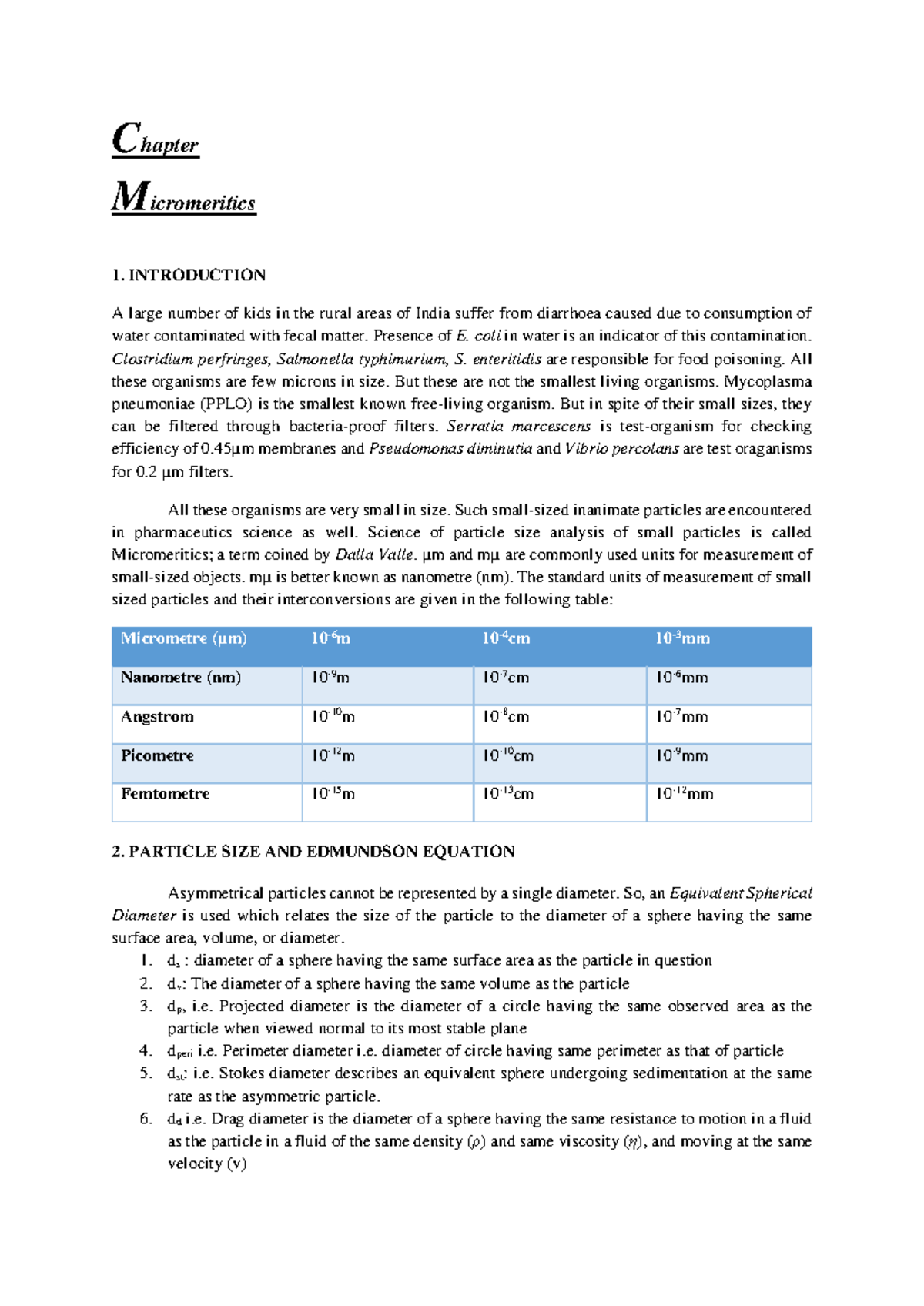 Micromeritics - Summary - Chapter Micromeritics 1. INTRODUCTION A large ...