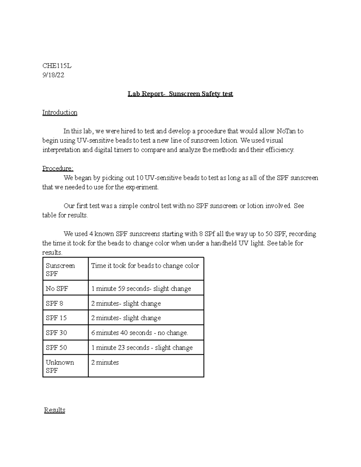 CHE115L - Lab 2 Report - CHE115L 9/18/ Lab Report- Sunscreen Safety ...