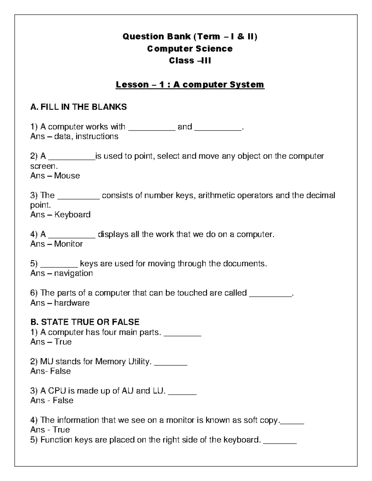 Class 3 Question Bank Computer - Question Bank (Term – I & II) Computer Science Class – III ...