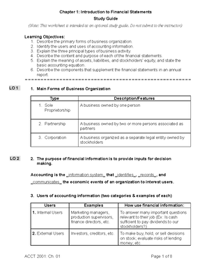 ACCT 2001 –Chapter 2 Study Guide - Chapter 2: A Further Look at the ...