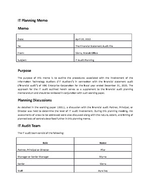 Case Analysis IT Audit Memo - Memo To: Audit Manager From: Mrs. Smith ...