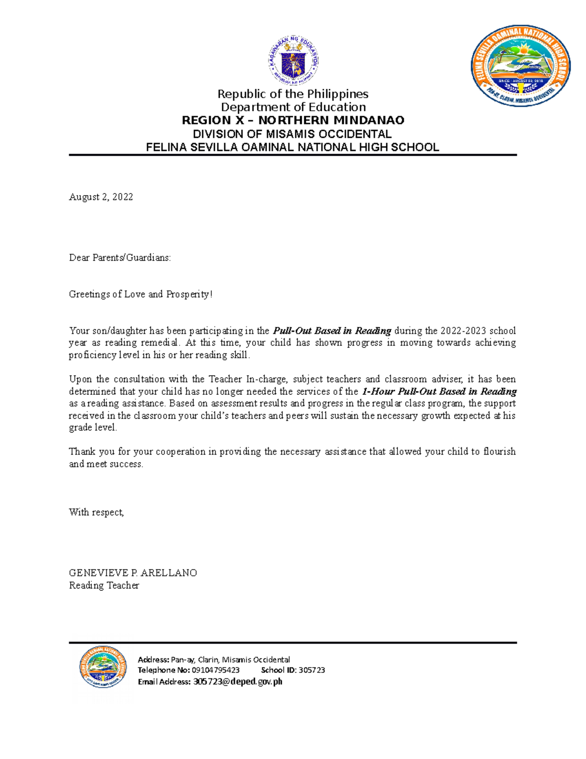 Exit Letter - English Club - Republic of the Philippines Department of ...
