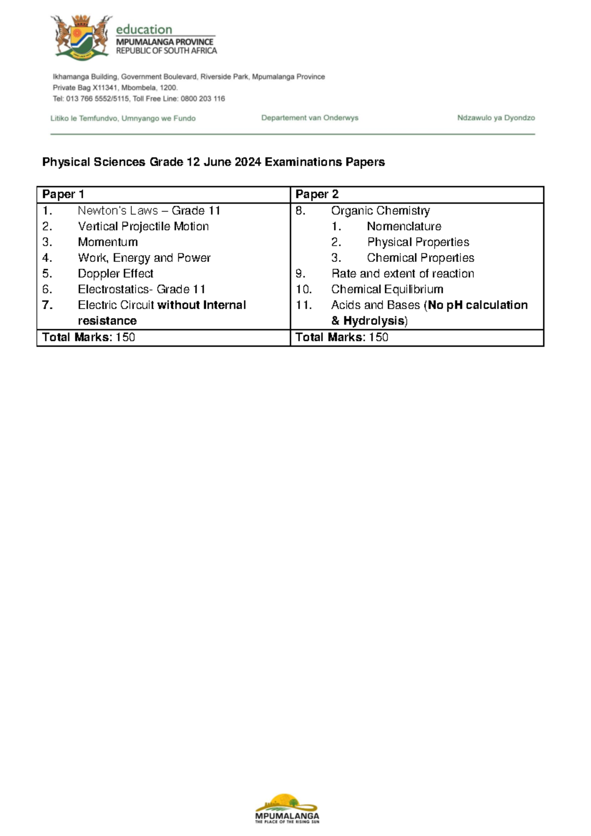 Physical Sciences Grade 12 June 2024 Examinations Papers - Physical ...