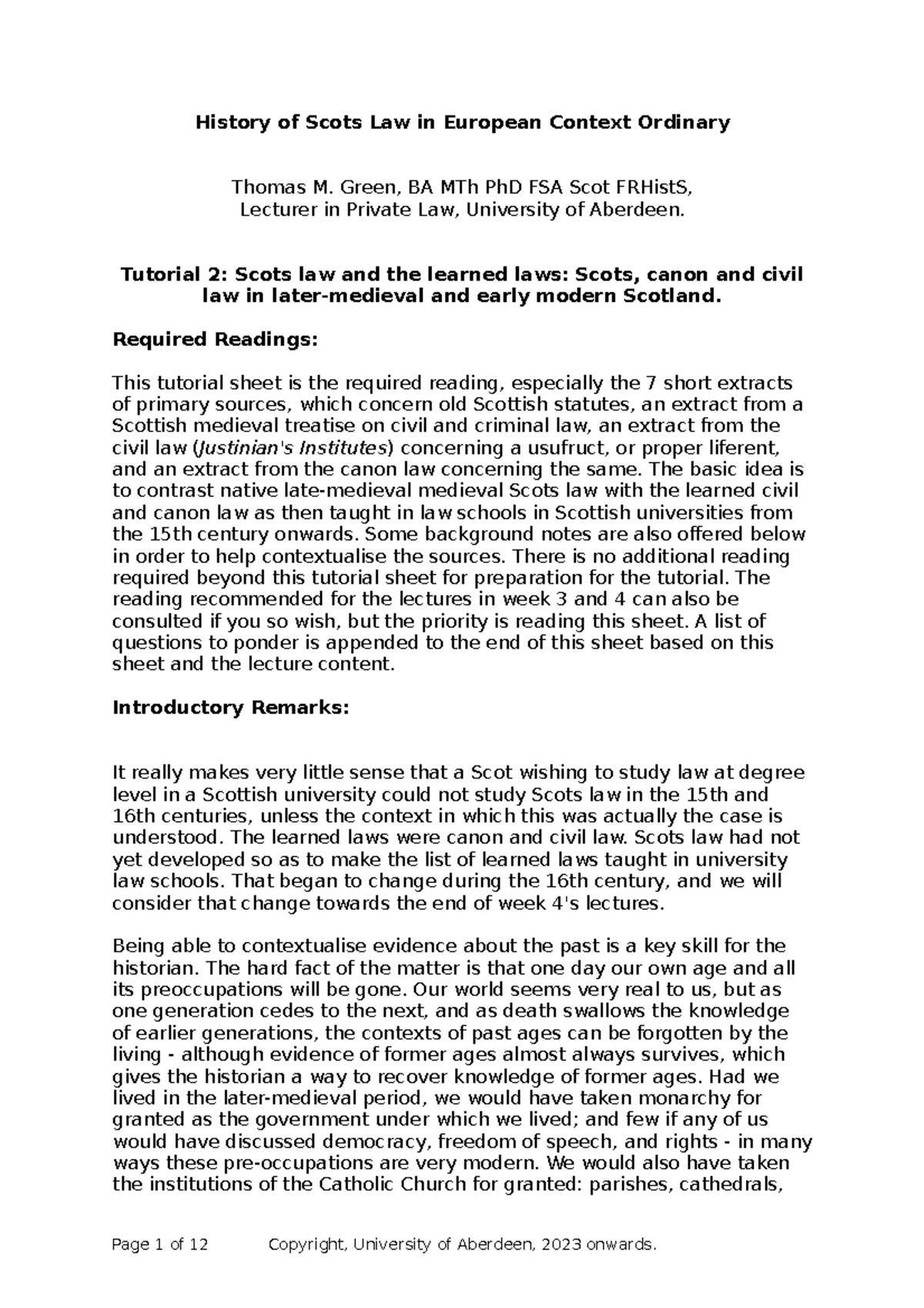 History of Scots Law Ordinary Tutorial 2 Dr Green - History of Scots ...