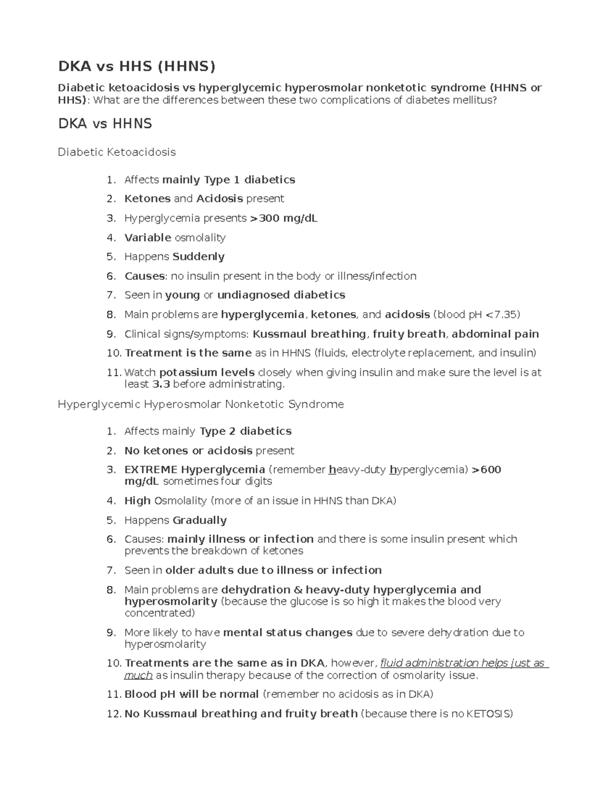 DKA vs HHS Notes - diff between diabetic ketoacidosis and HHS - DKA vs ...