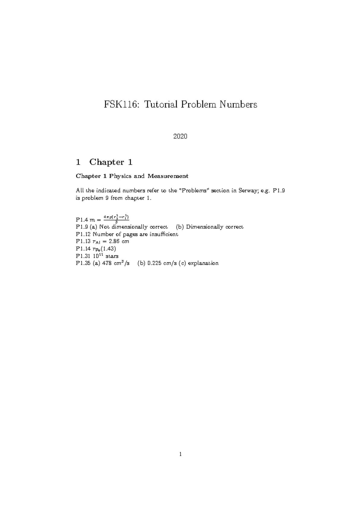 FSK176 Ch 1 - fsk - FSK116 - FSK116: Tutorial Problem Numbers 2020 1 ...