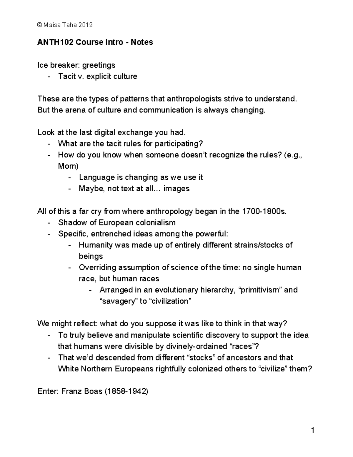 102 Course Intro Notes - © Maisa Taha 2019 ANTH102 Course Intro - Notes ...