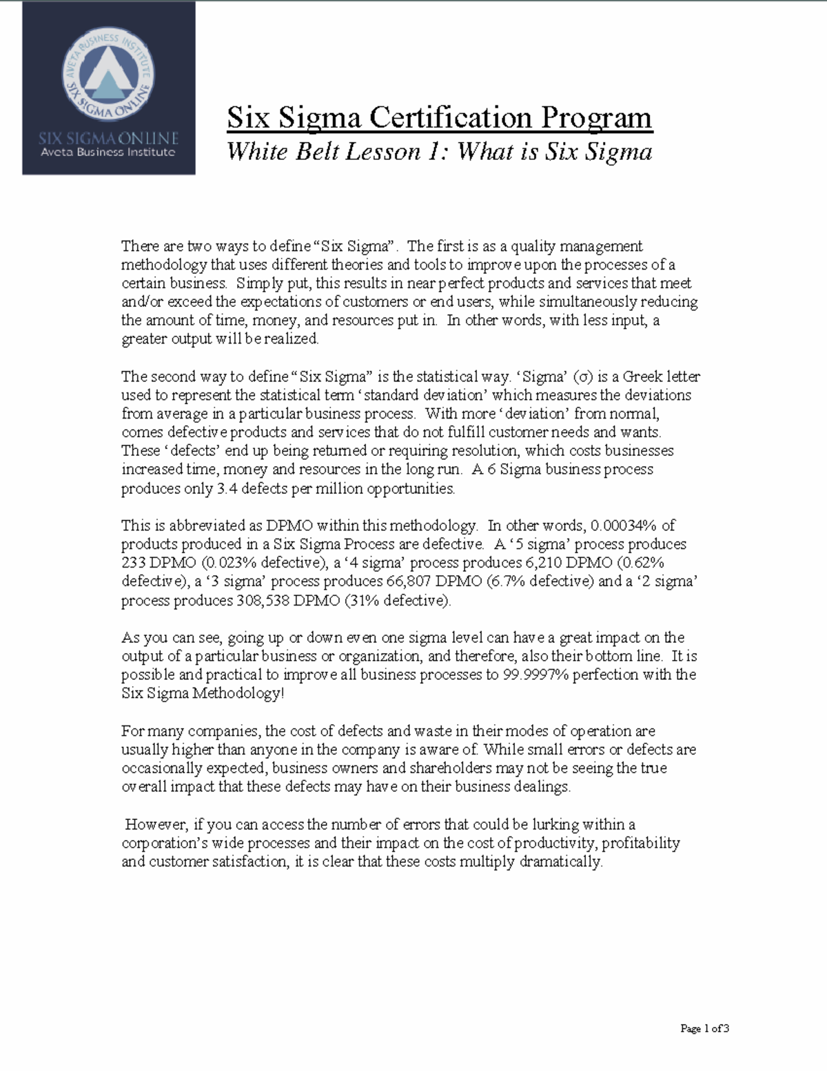 What is six sigma - Six Sigma Certification Program White Belt Lesson 1 ...