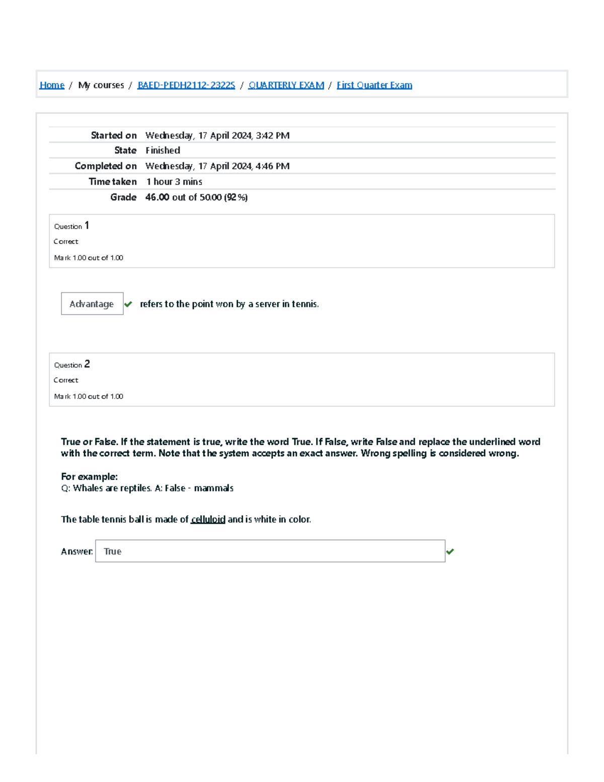 First Quarter Exam PE - Home / My courses / BAED-PEDH2112-2322S ...