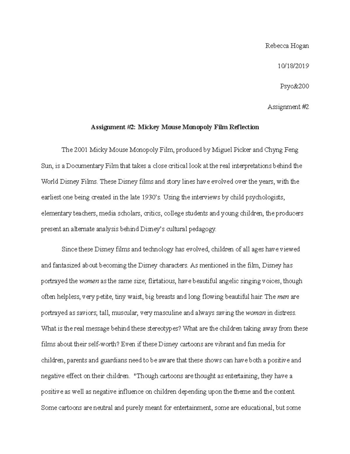 Psyc200Assignment 2-1 - Rebecca Hogan 10/18/ Psyc& Assignment # Assignment #2: Mickey Mouse ...