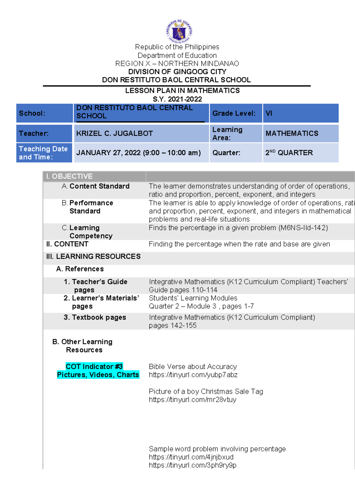 556512846 DEMO COT 1 Lesson PLAN MATH Grade 6 2nd grading - Republic of ...