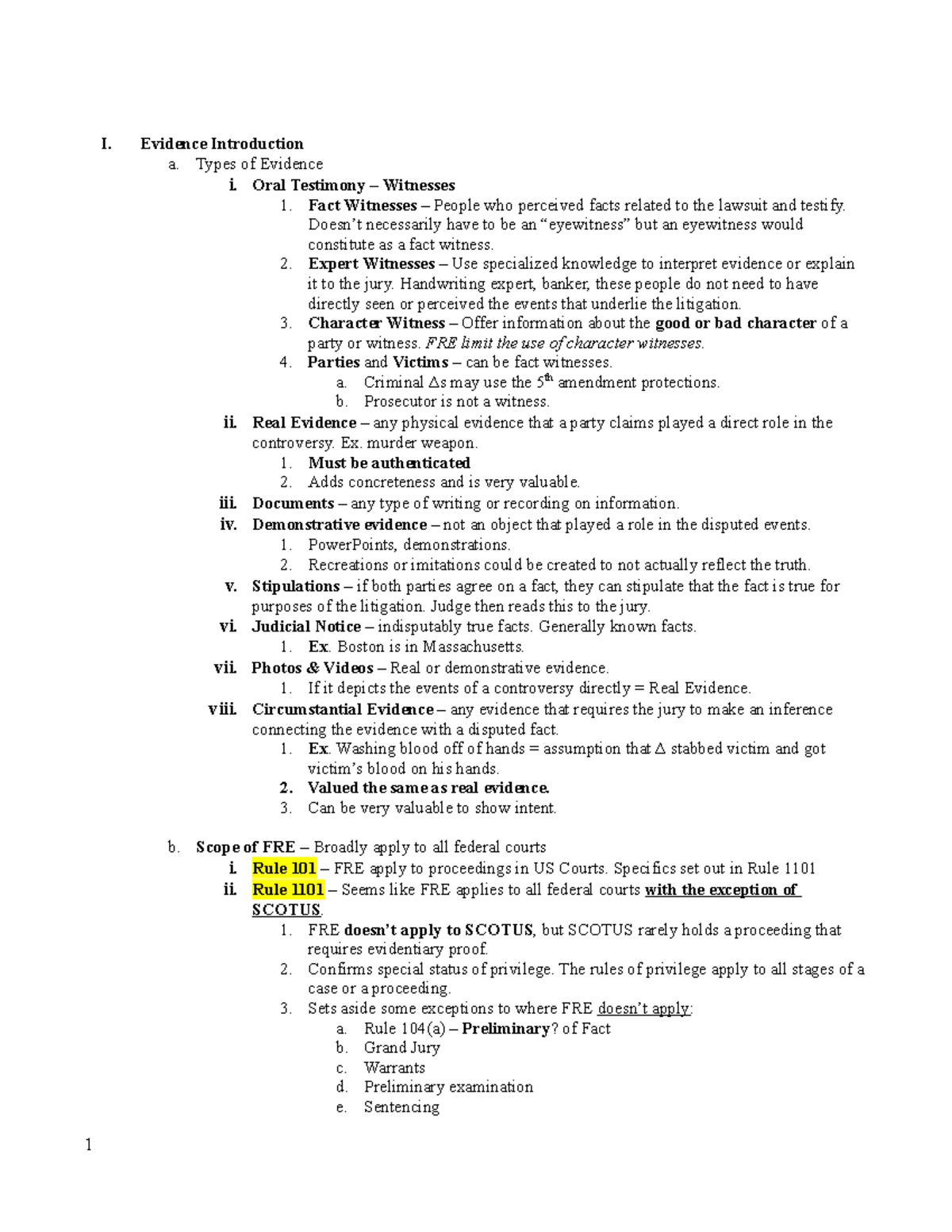 Evidence Outline - I. Evidence Introduction a. Types of Evidence i ...