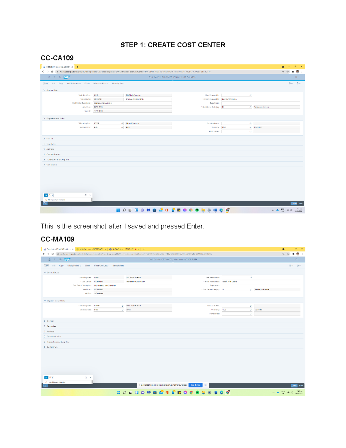 CO-CCA CASE Study - STEP 1: CREATE COST CENTER CC-CA This is the ...