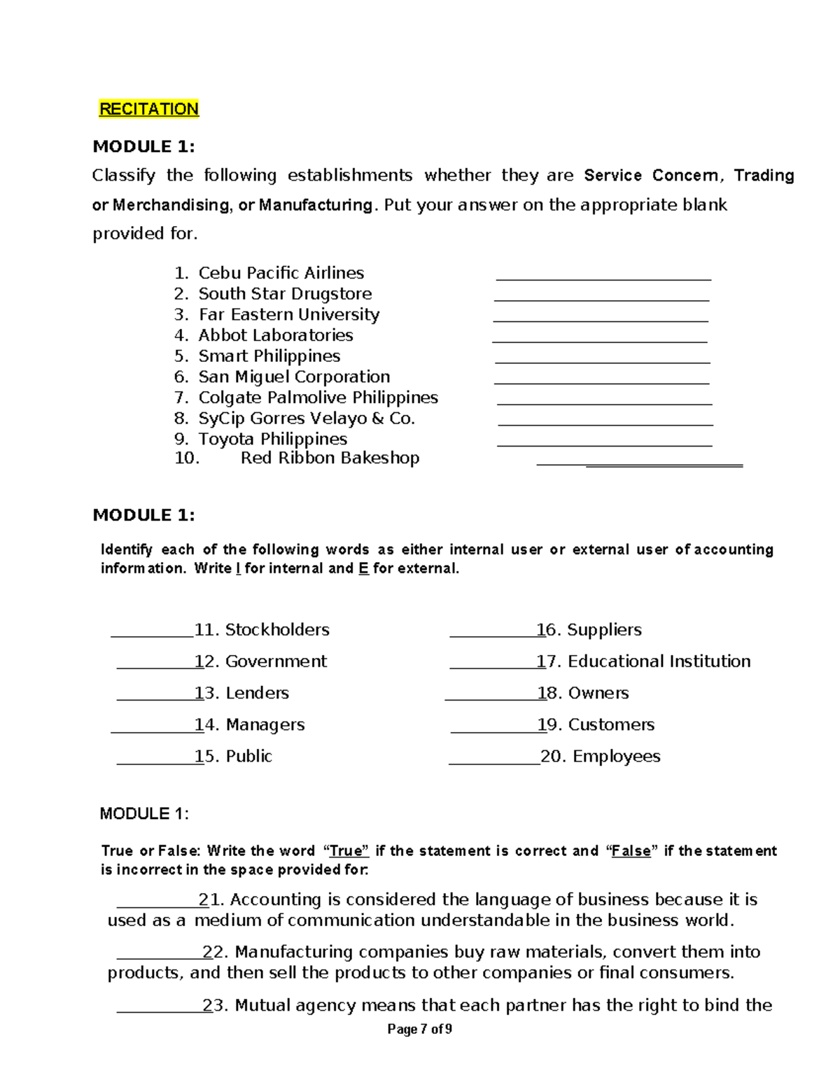 For-Class-Recitation - RECITATION MODULE 1: Classify the following ...