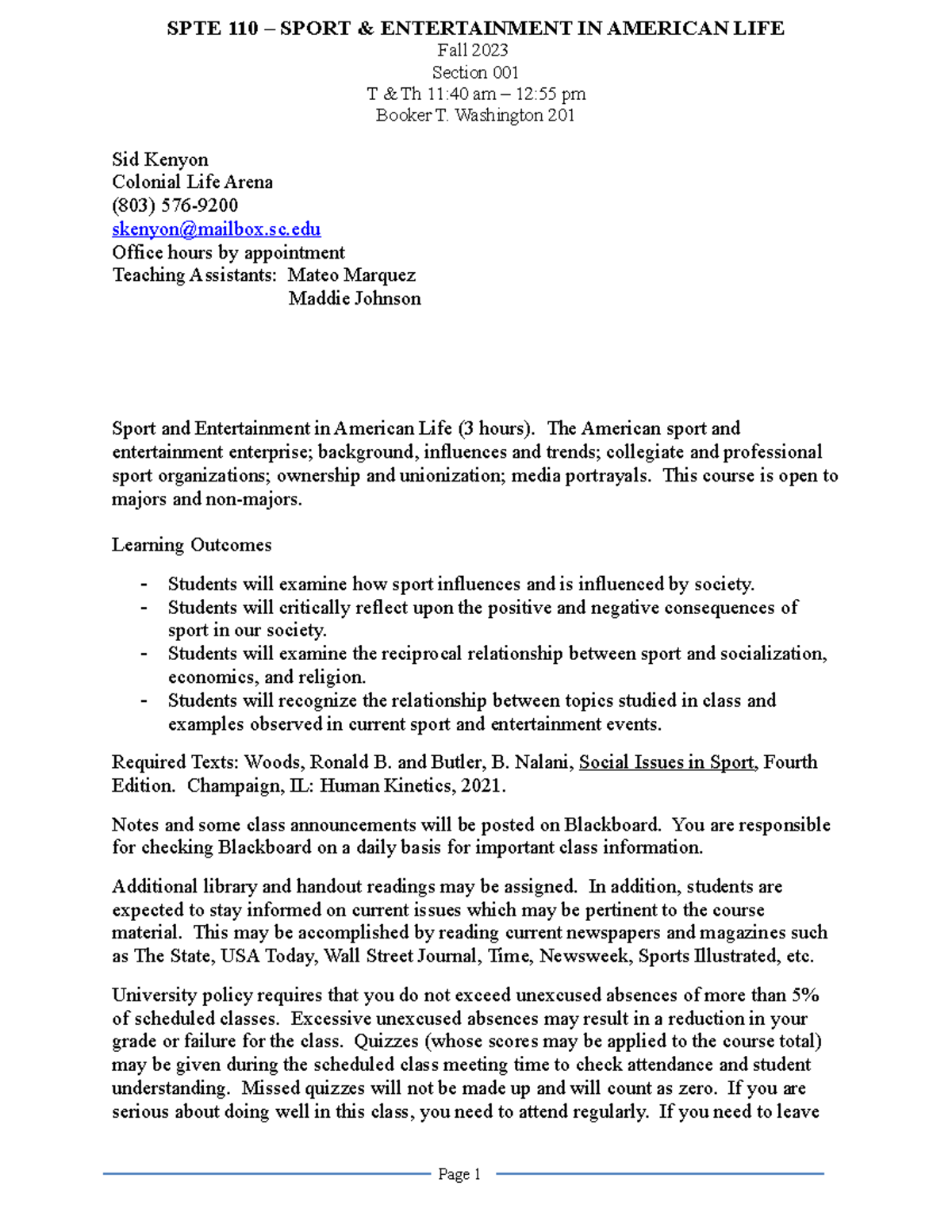 SPTE 110 Fall 2023 - Syllabus - Fall 2023 Section 001 T & Th 11:40 am ...
