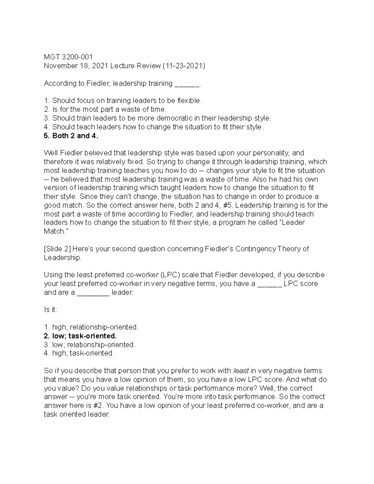 November 18, 2021 Lecture Review (11-23-2021) - MGT 3200- November 18 ...