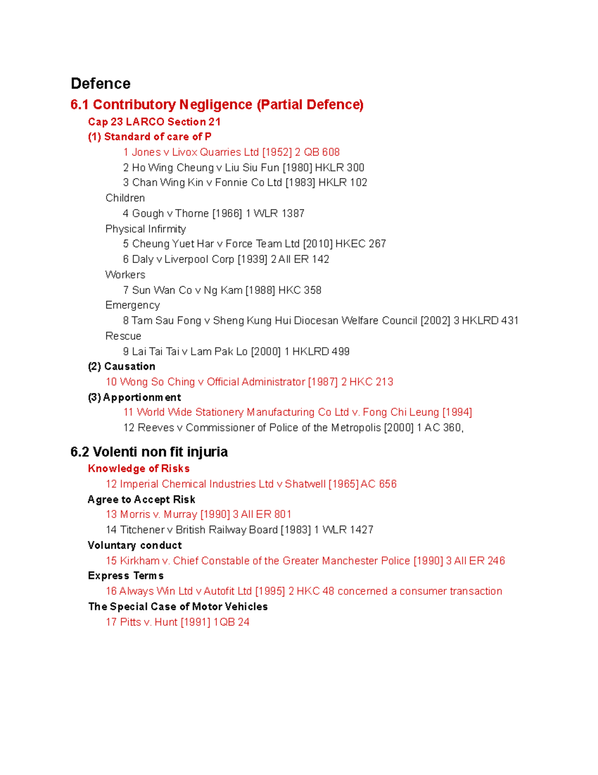 Defence case list - Case List - Defence 6 Contributory Negligence ...