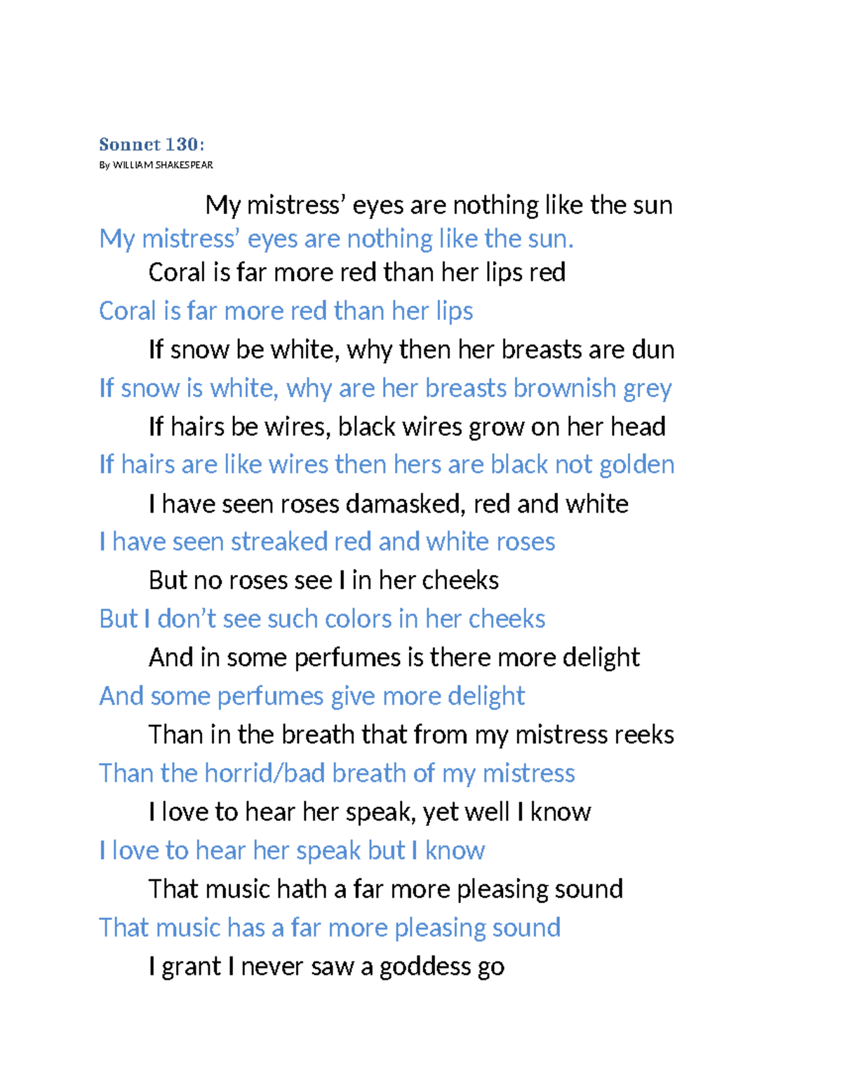 Sonnet 130 - Sonnet 130: By WILLIAM SHAKESPEAR My mistress’ eyes are ...