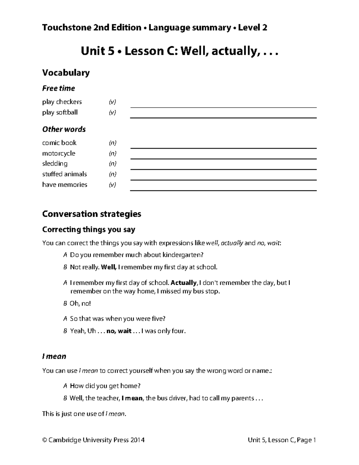 TS2e L2 U5 LC Langsum - intermedio - Touchstone 2nd Edition • Language summary • Level 2 Unit 5 ...