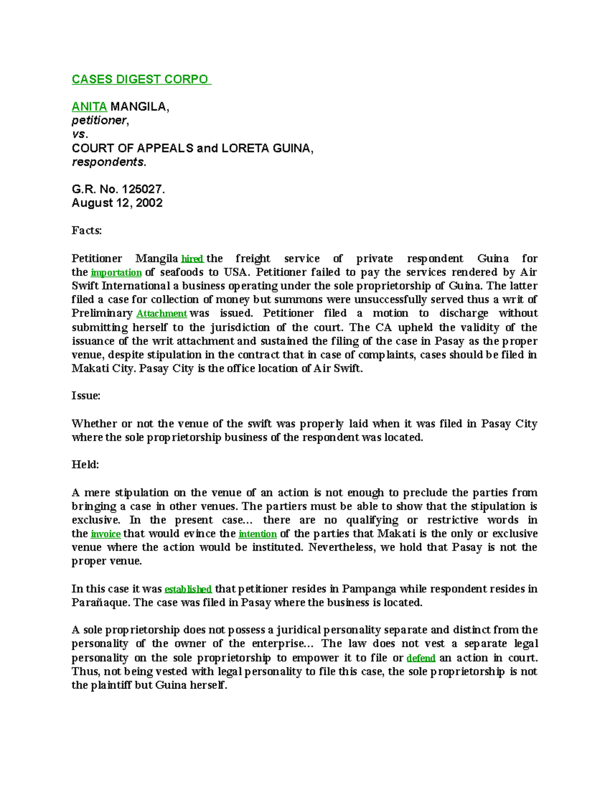 1. Cases Digest Corpo - CASES DIGEST CORPO ANITA MANGILA, petitioner ...