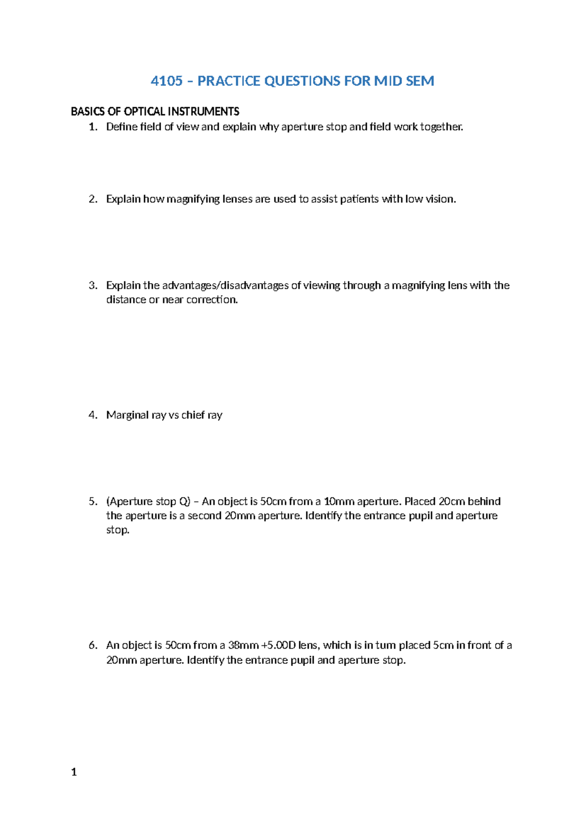 Revsion Worksheet - 4105 – PRACTICE QUESTIONS FOR MID SEM BASICS OF ...