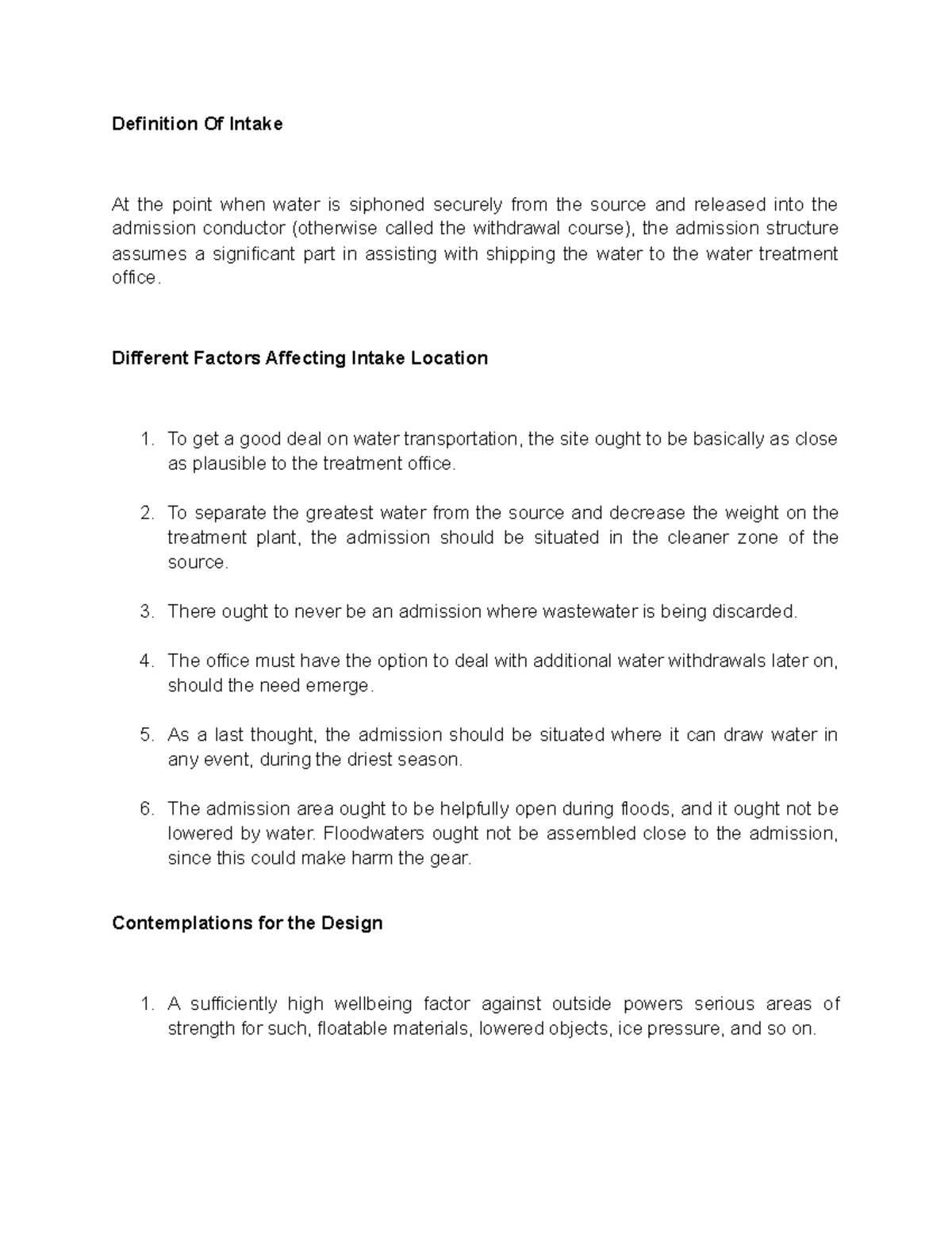 Definition Of Intake - Environmental Engineering-1 - KTU - StuDocu