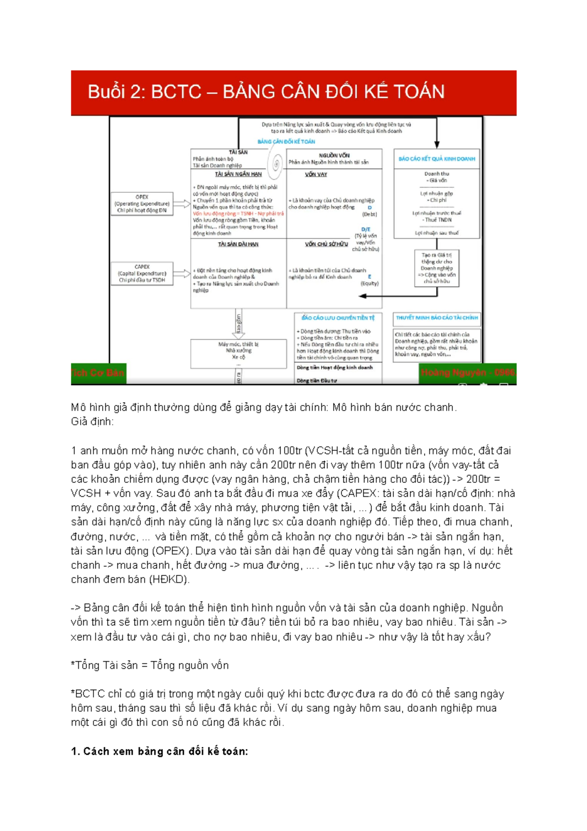 Buổi 2 - BCTC, Bảng cân đối Kế toán - Mô hình giả định thường dùng để giảng dạy tài chính: Mô ...