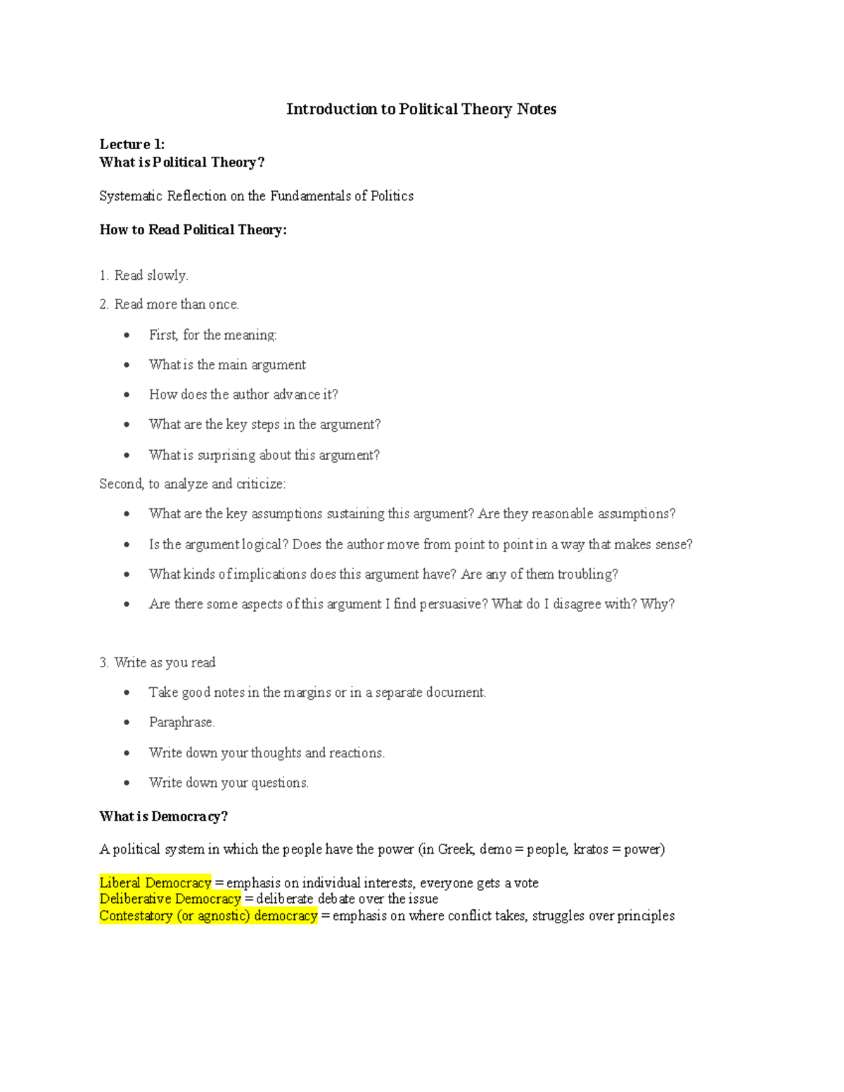 Political Theory Lecture Notes - Introduction to Political Theory Notes ...