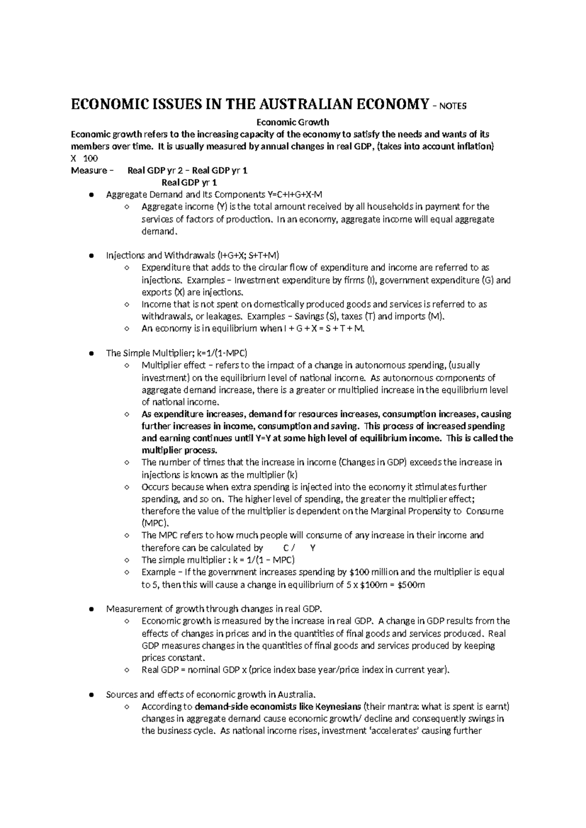 Economics Notes - Economic Issues In The Australian Economy - ECONOMIC ...