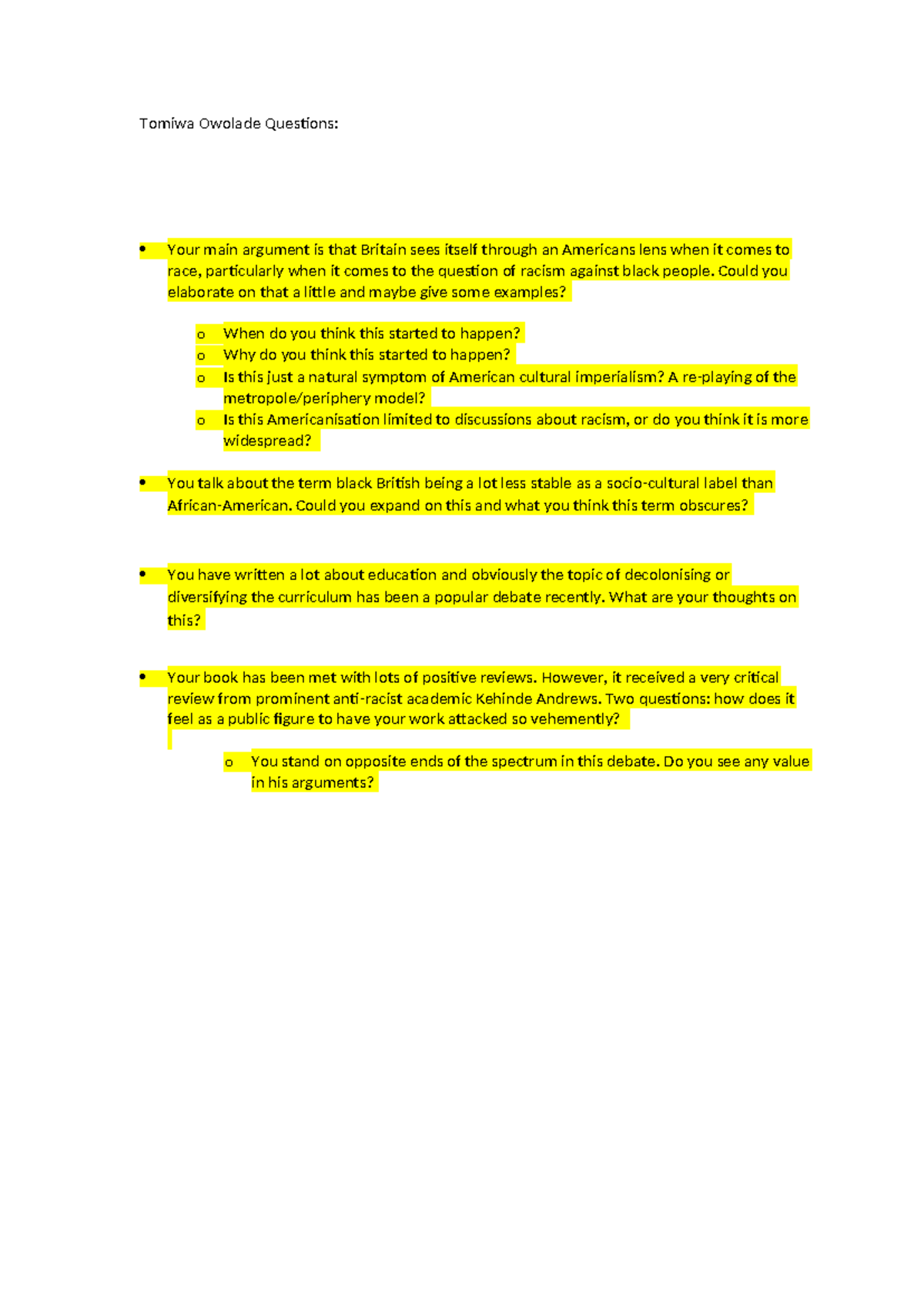 Tomiwa Owolade Questions - Could you elaborate on that a little and ...