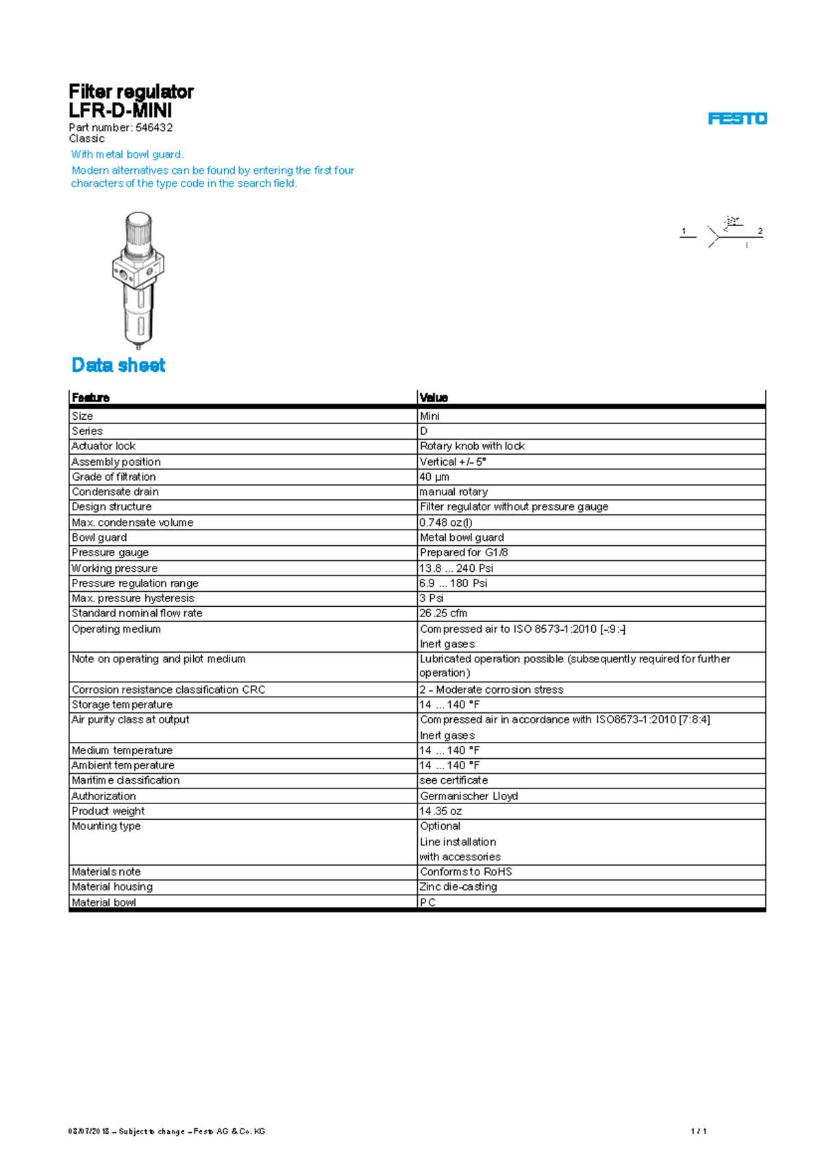 Datasheet de filtro de aire - Filter regulator LFR-D-MINI Part number ...