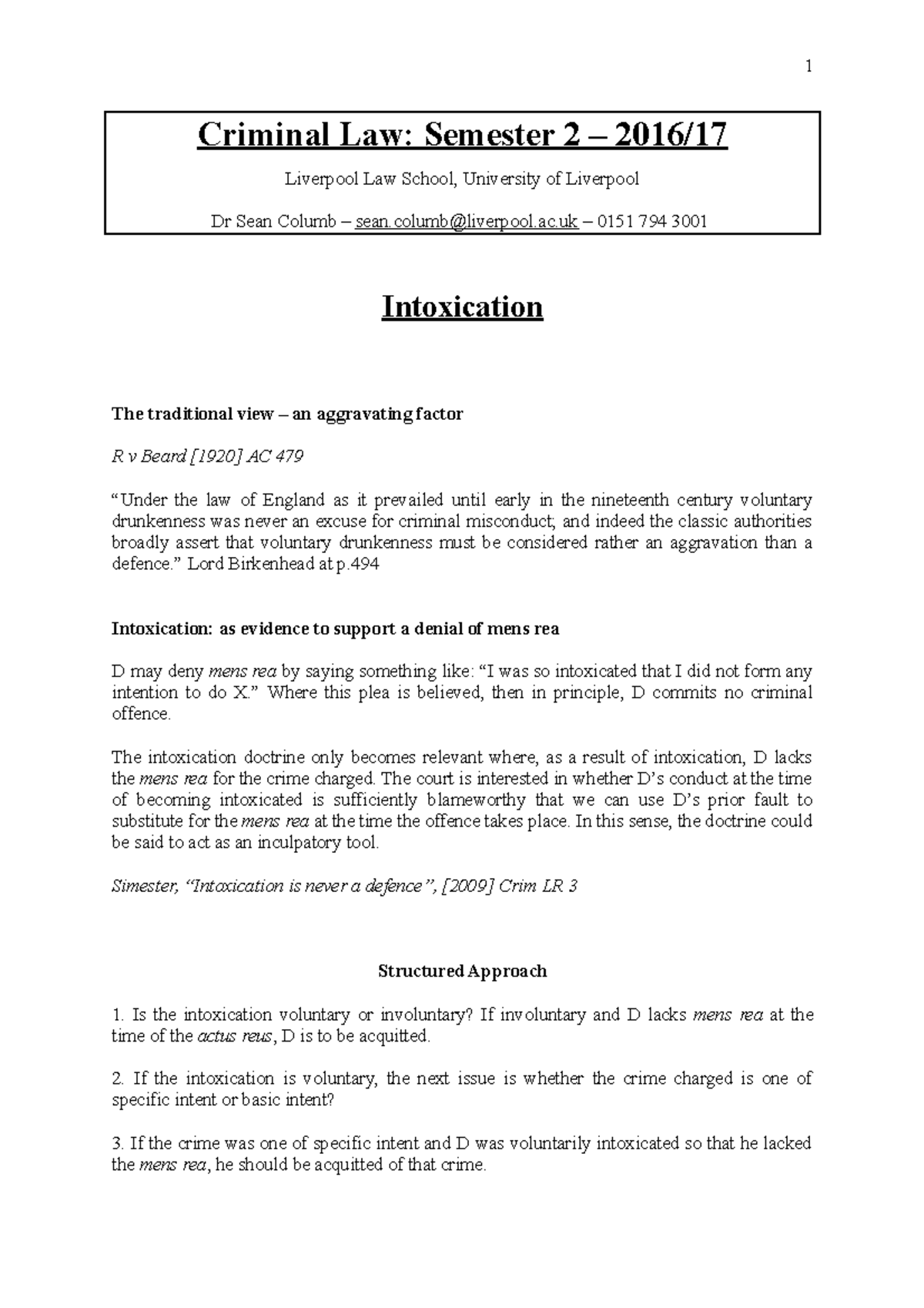 Intoxication Handout - Criminal Law: Semester 2 – 2016/ Liverpool Law ...
