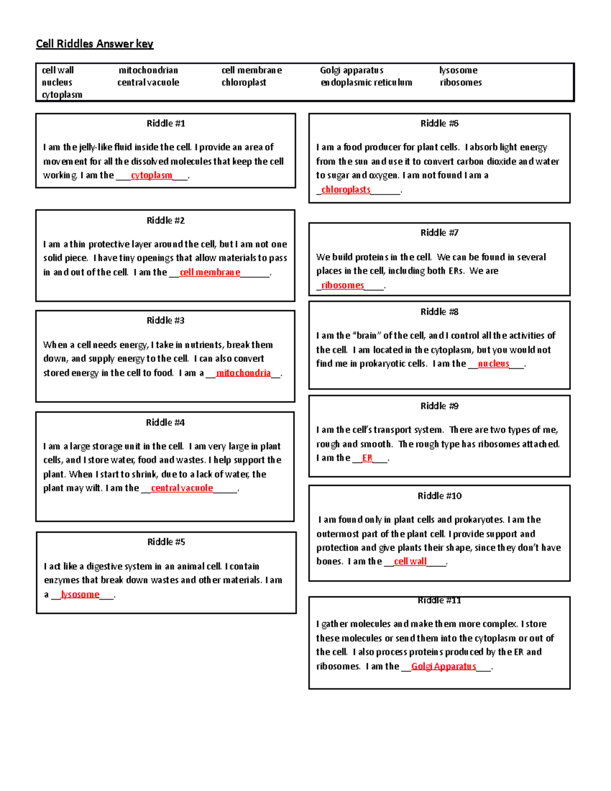 Cell Riddles Answer key - I absorb light energy from the sun and use it ...