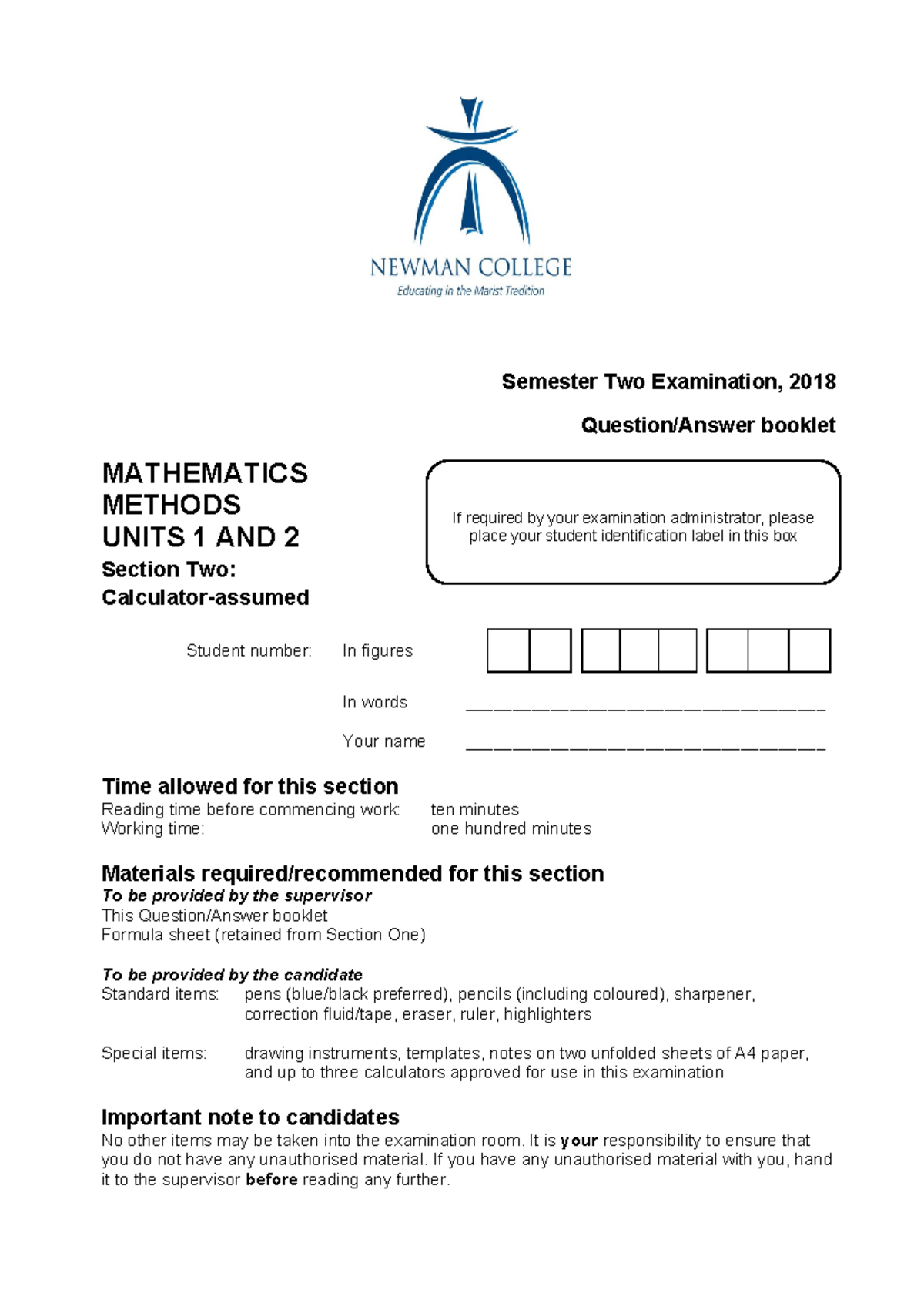 2018 Yr 11 Methods Semester 2 Exams Section 2 - Semester Two ...