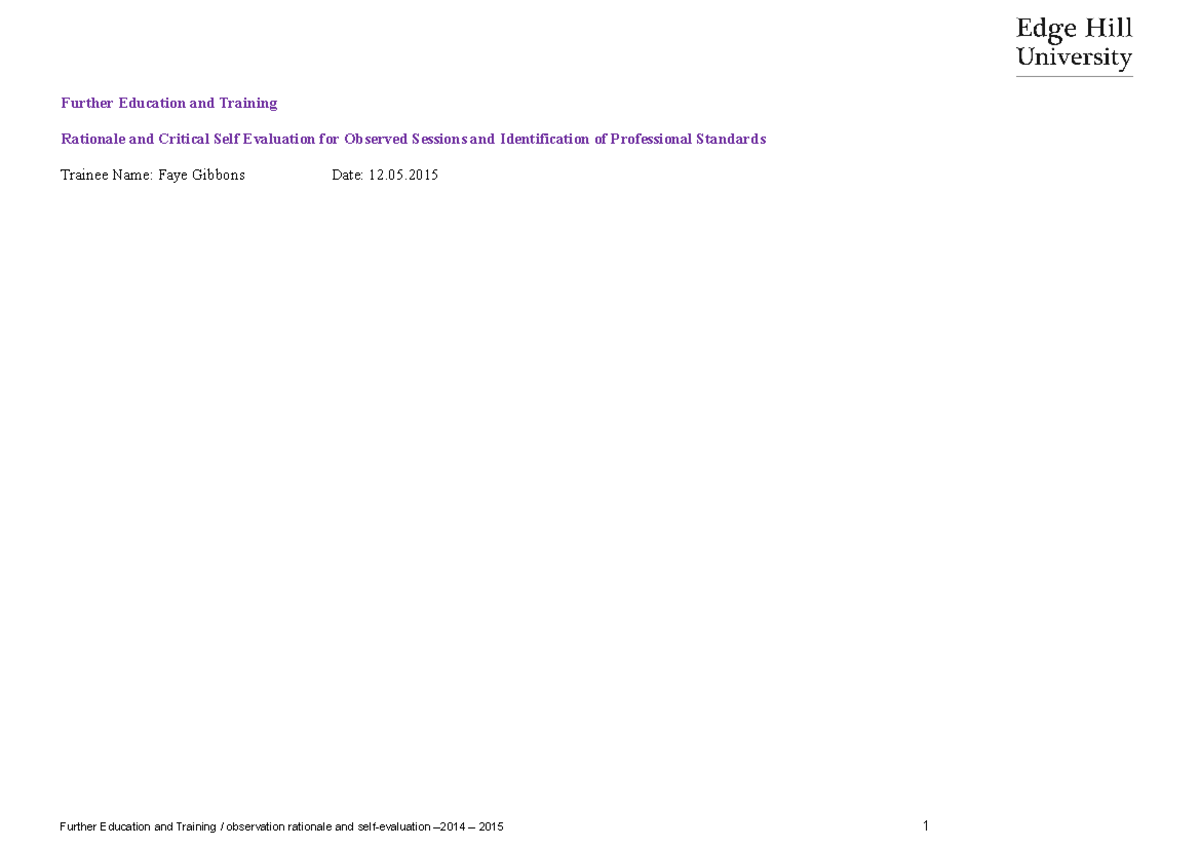 Rationale and Critical Self Evaluation - Further Education and Training ...