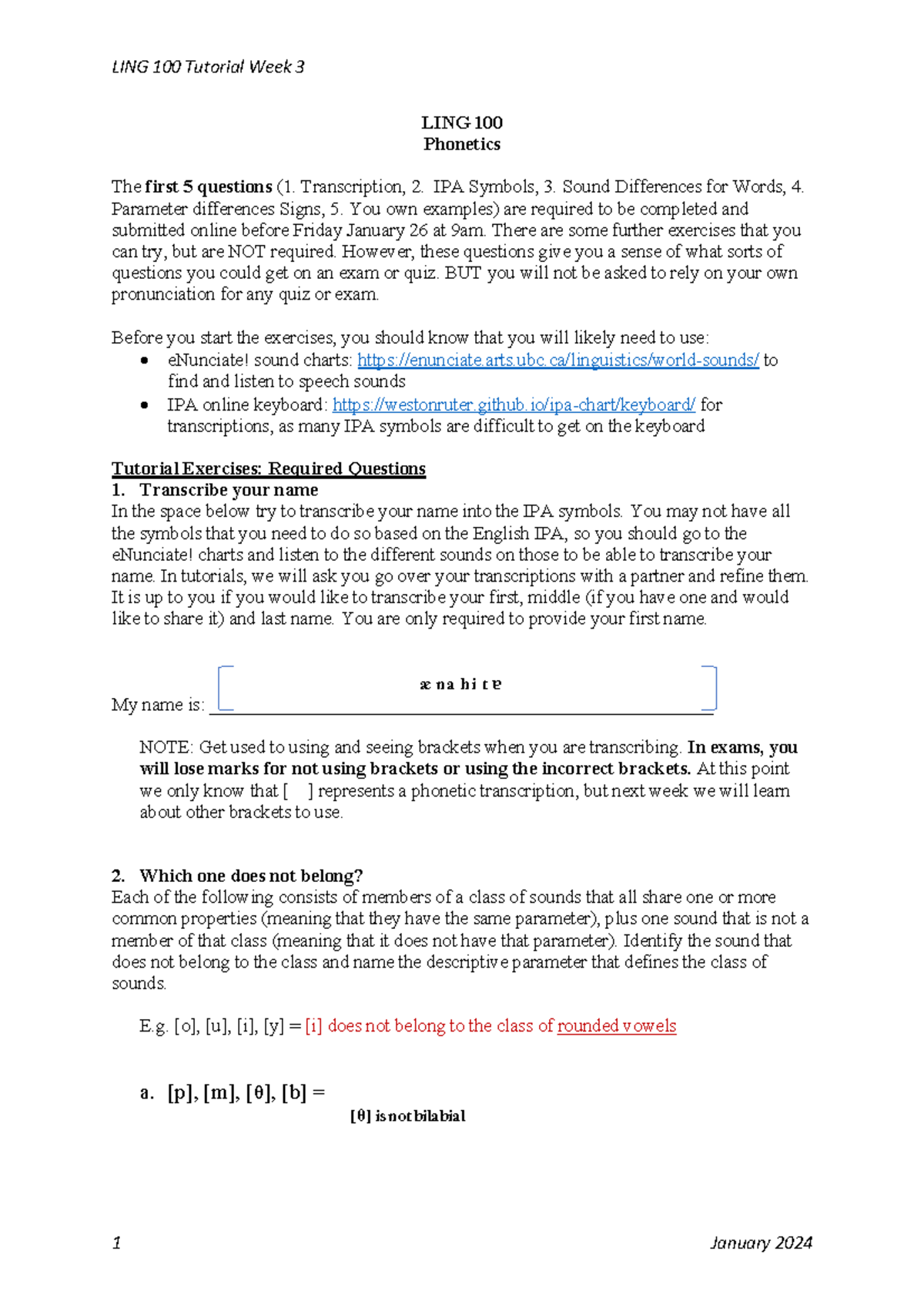 Tutorial #3 - full answers - LING 100 Phonetics The first 5 questions ...