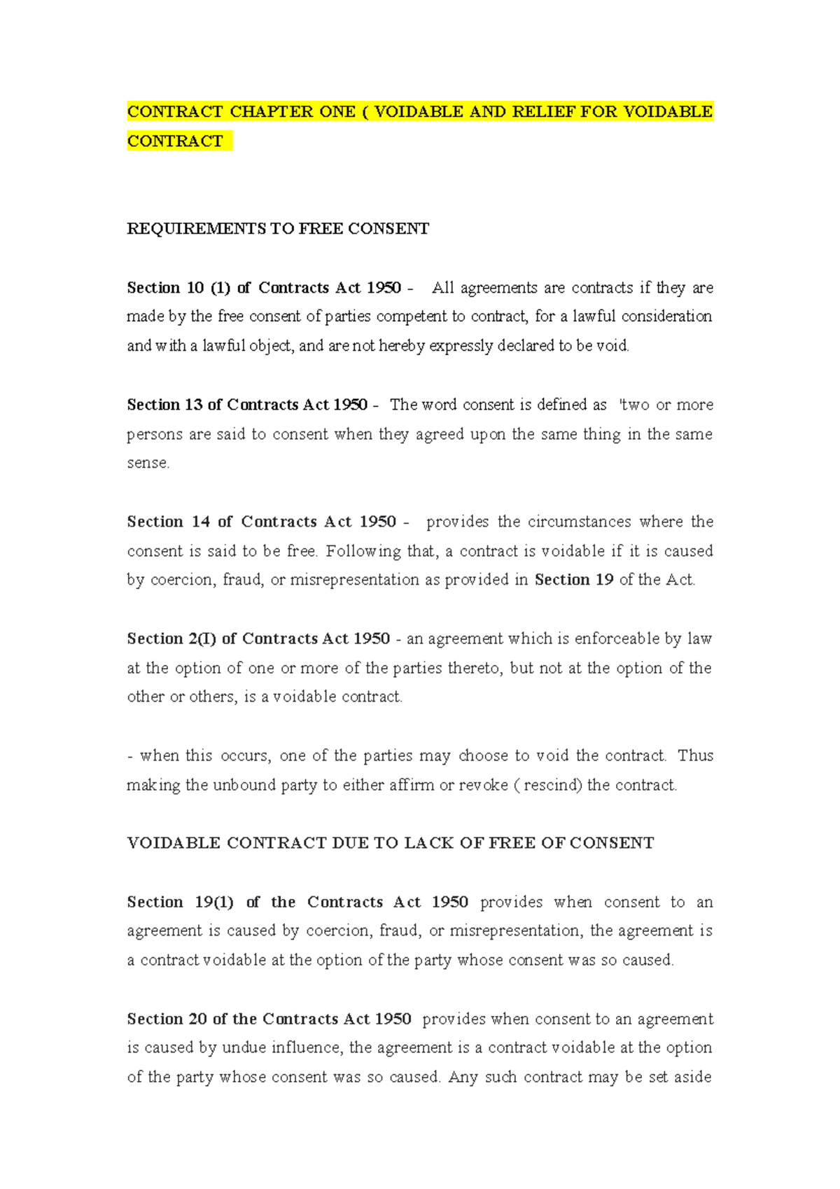 Contract notes for semester two - CONTRACT CHAPTER ONE ( VOIDABLE AND ...