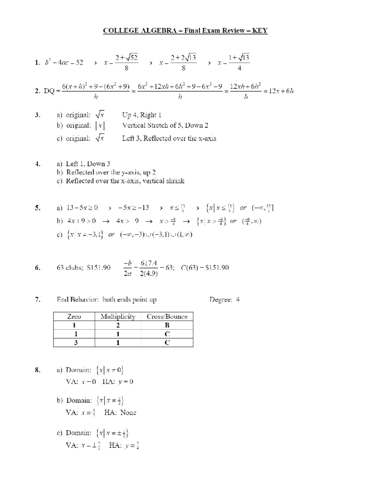 College Algebra – Final Exam Review – KEY 1. 2 - MATH-121-46479 - Studocu