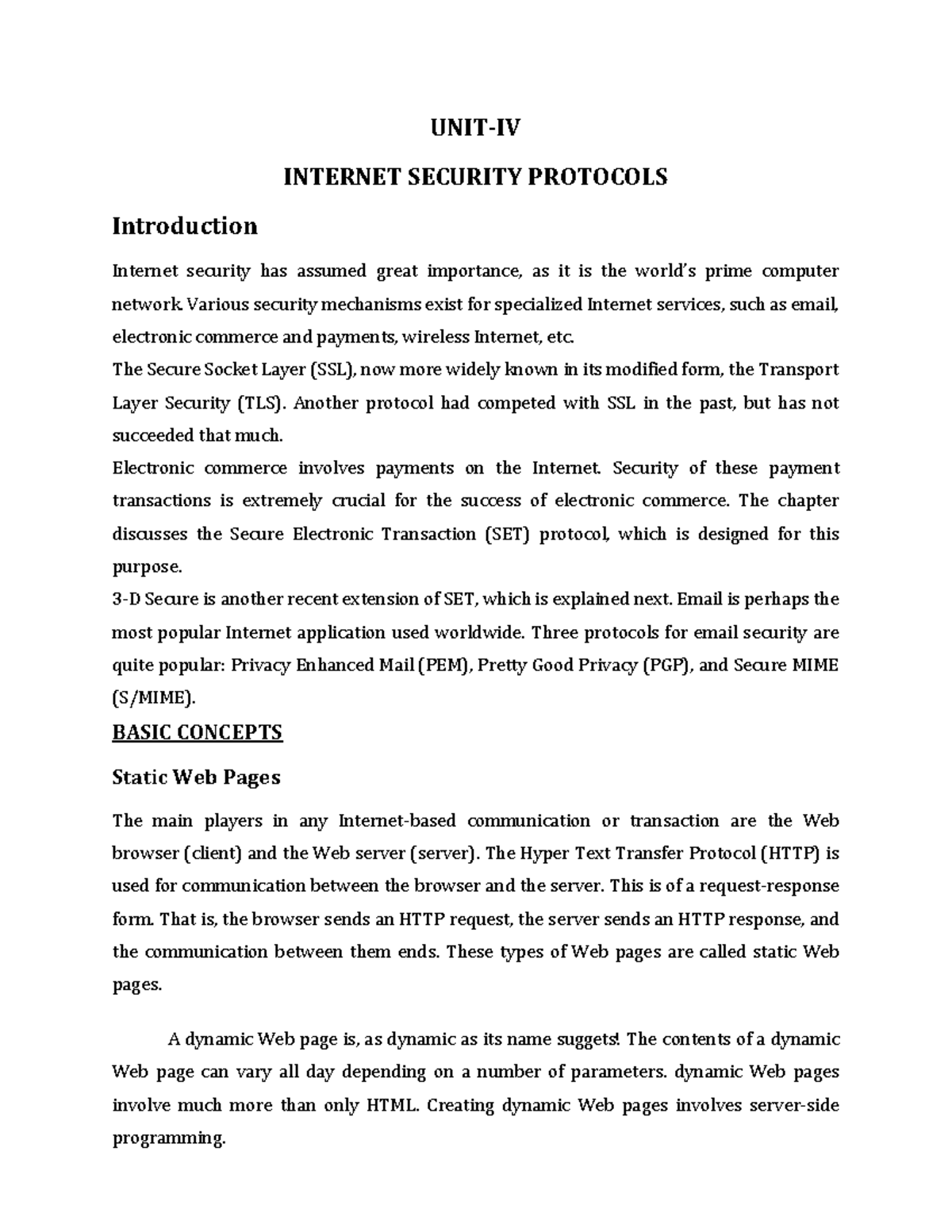 Unit-IV Internet Security Protocols (1) - UNIT-IV INTERNET SECURITY PROTOCOLS Introduction ...