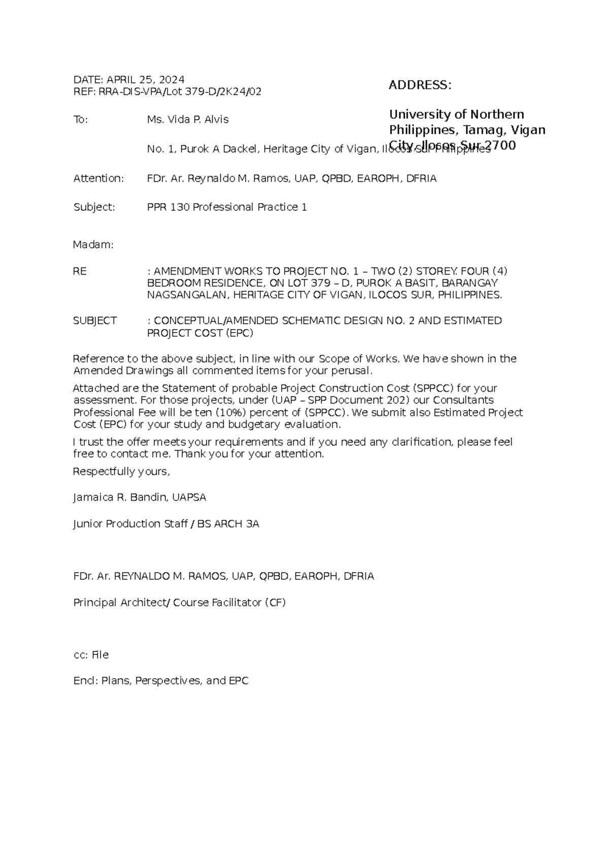 Proposal letter - DATE: APRIL 25, 2024 REF: RRA-DIS-VPA/Lot 379-D/2K24 ...