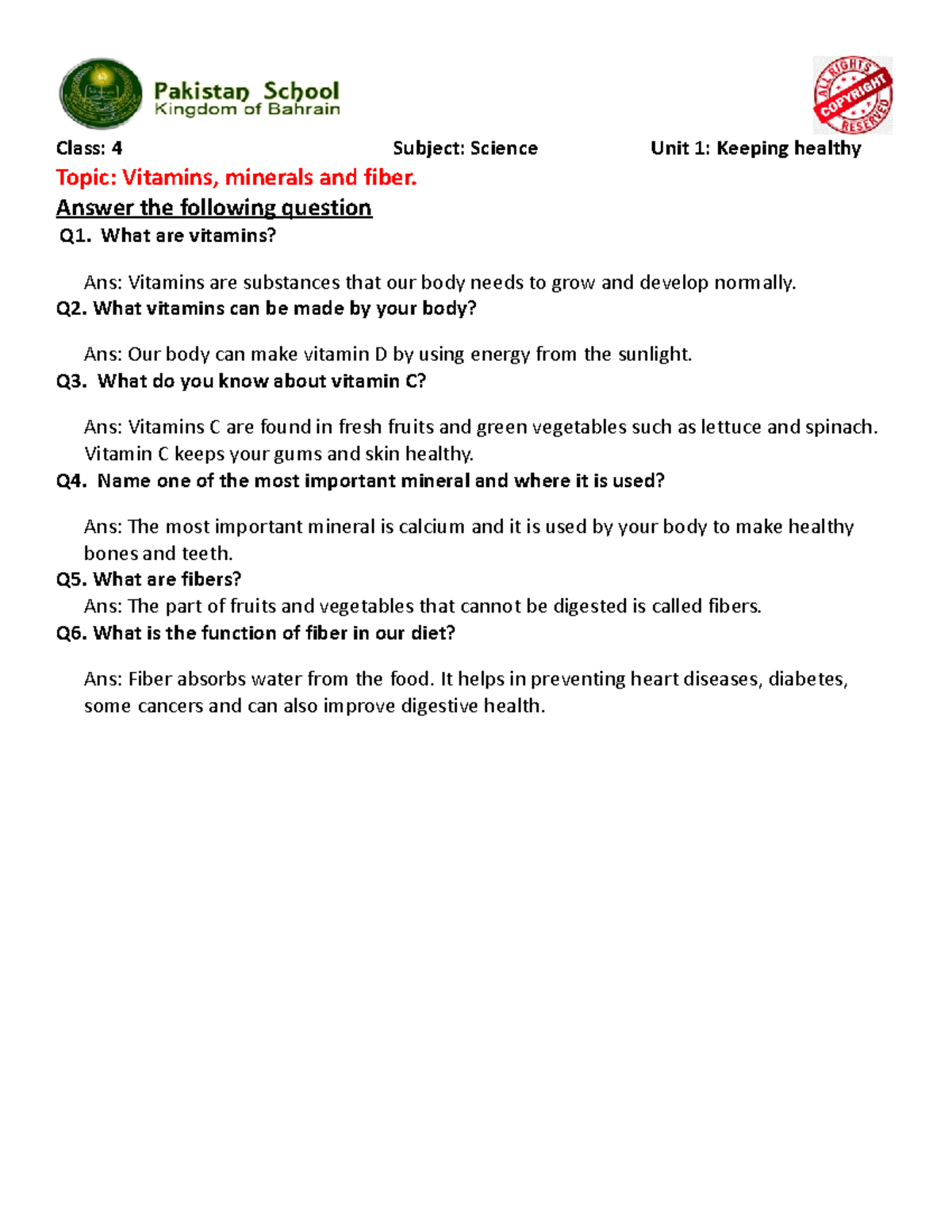 Vitamins minerals and fibers notes - Class: 4 Subject: Science Unit 1 ...