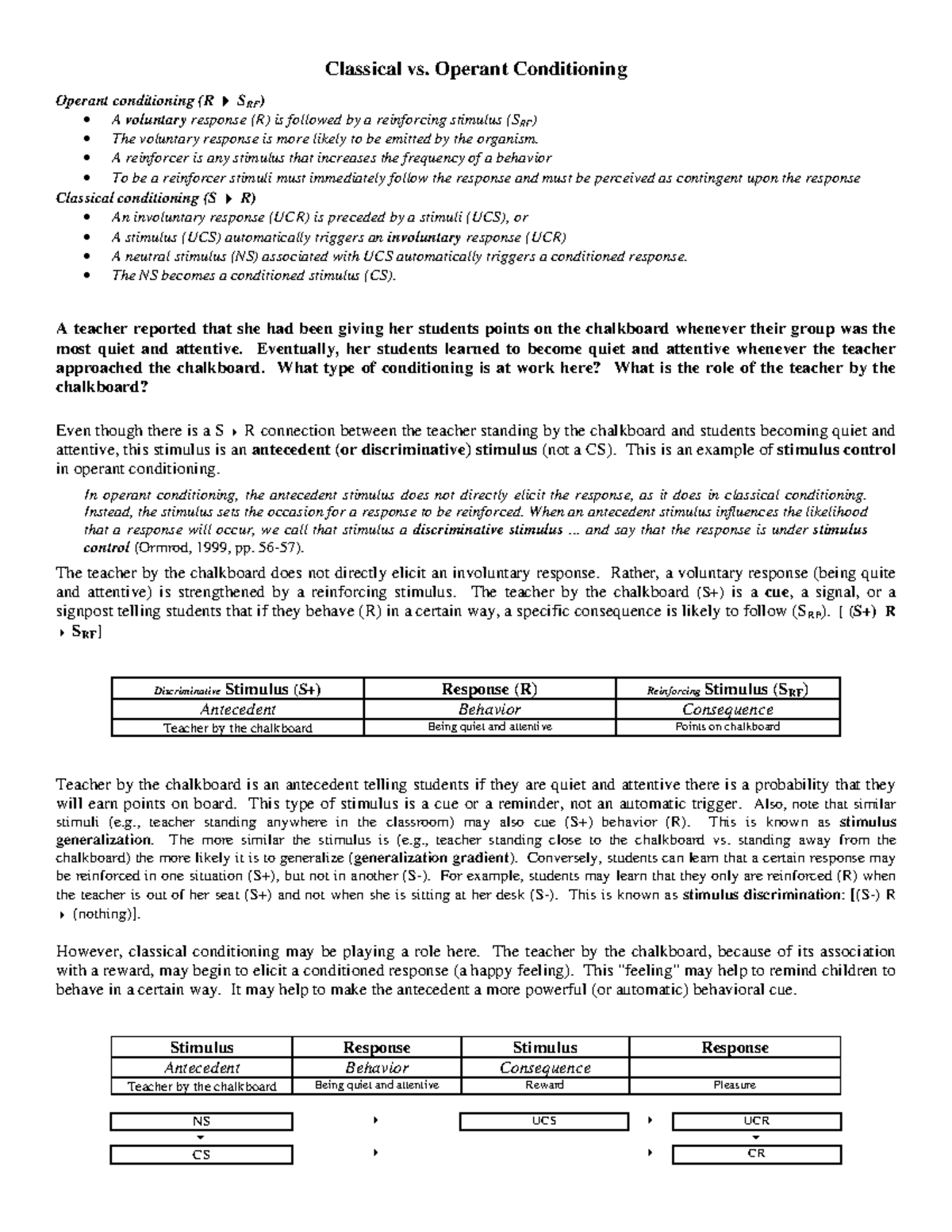 Operant conditioning handout - Classical vs. Operant Conditioning ...