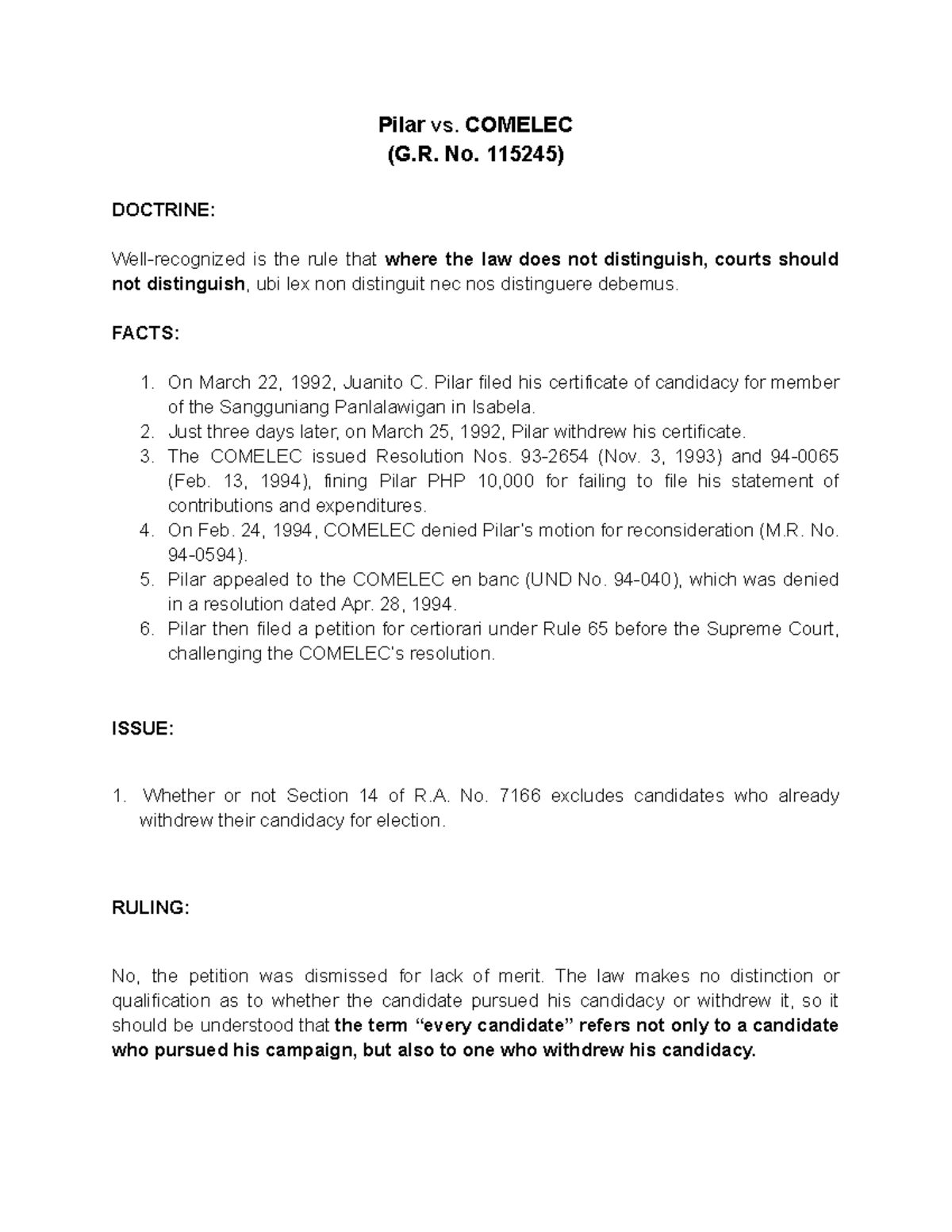 Pilar v. Comelec - 24S SCRA 7S9 - Pilar vs. COMELEC (G. No. 115245 ...