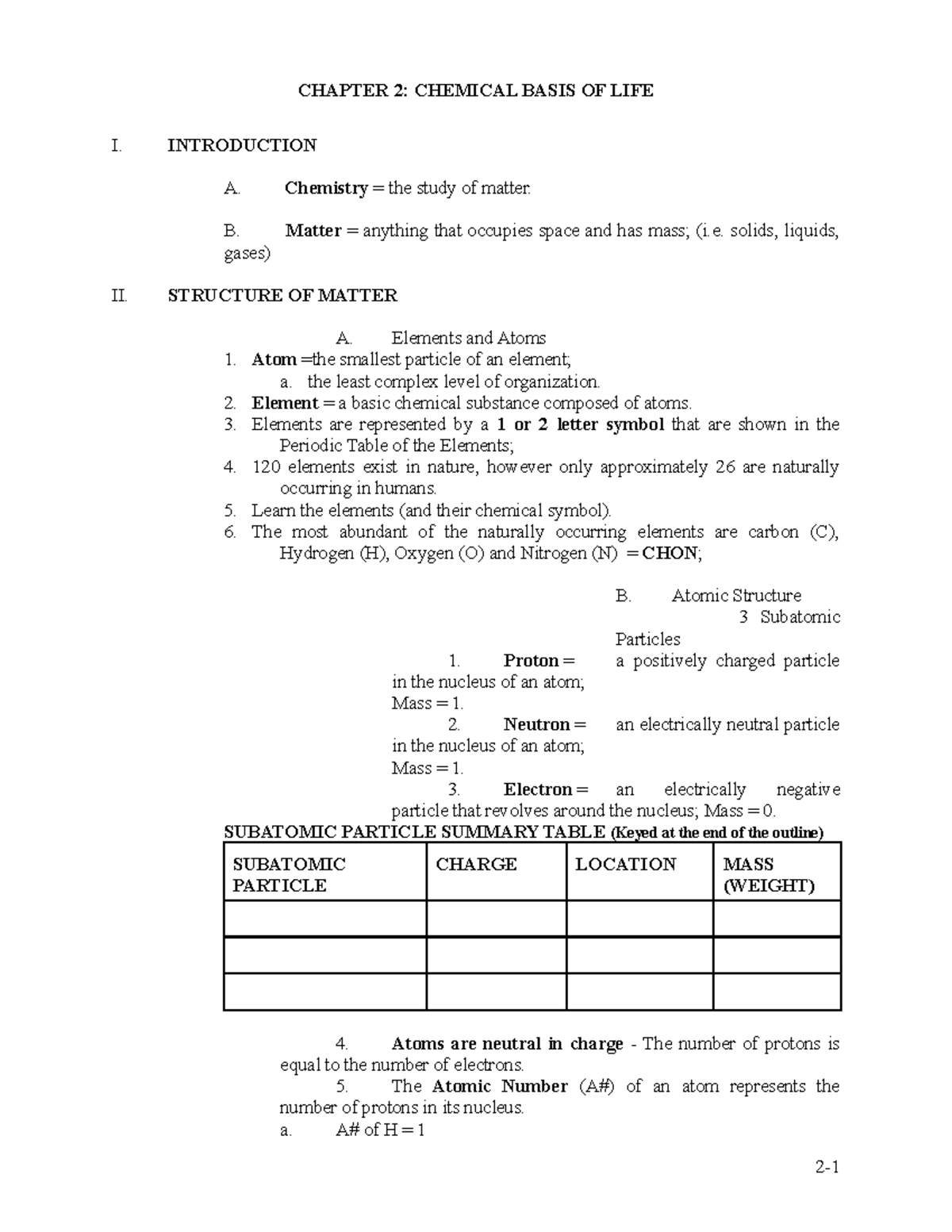 02 Biochemistry - CHAPTER 2: CHEMICAL BASIS OF LIFE I. INTRODUCTION A ...
