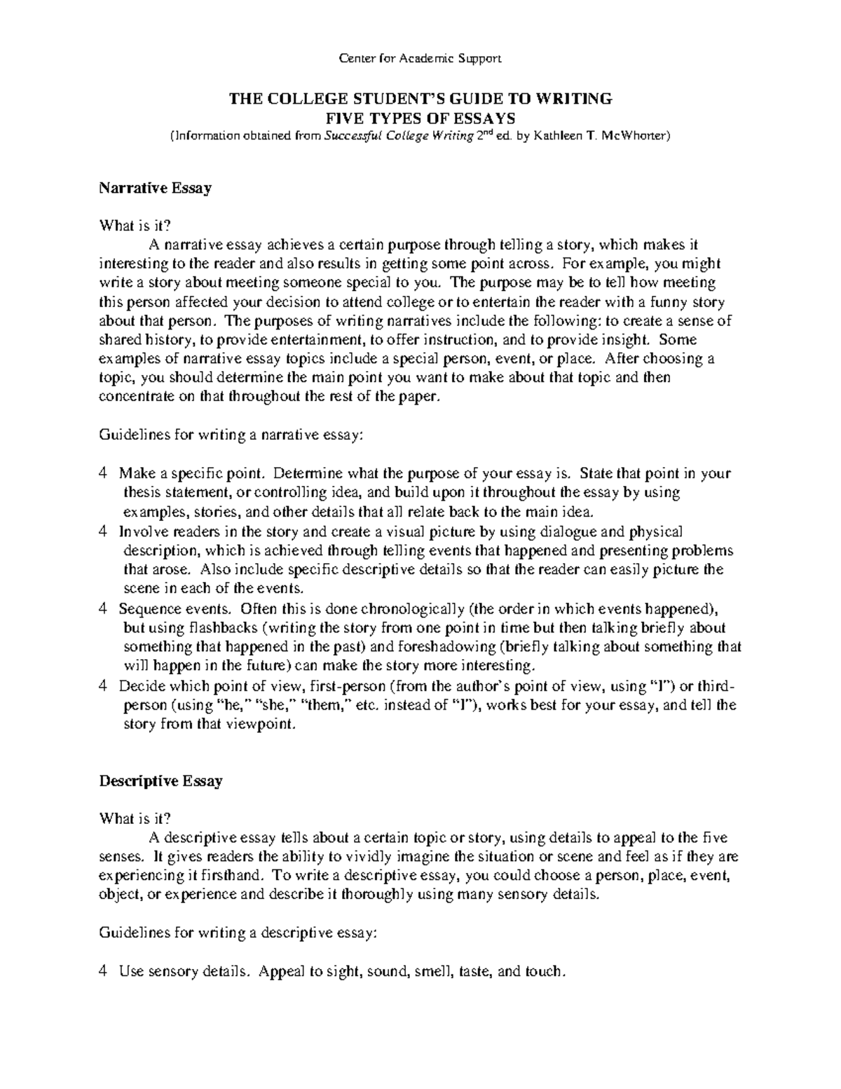 Five Types Of Essays Guidelines THE COLLEGE STUDENT S GUIDE TO
