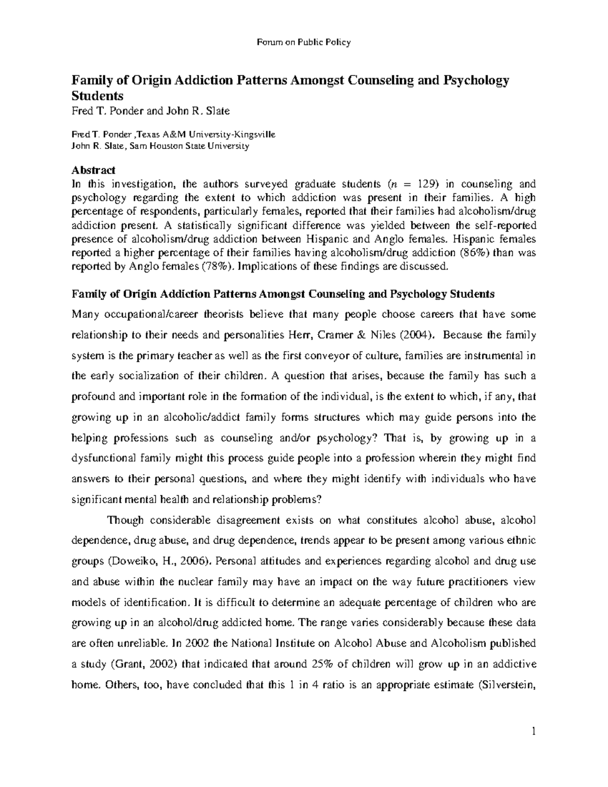 Family of Origin Addiction Patterns Amongst Counseling and Psychology ...