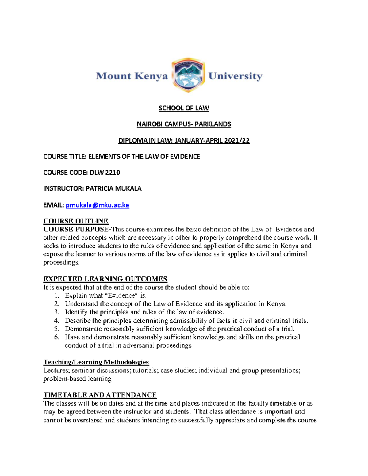2021 Elements OF THE LAW OF Evidence Course Outline - Copy - SCHOOL OF ...