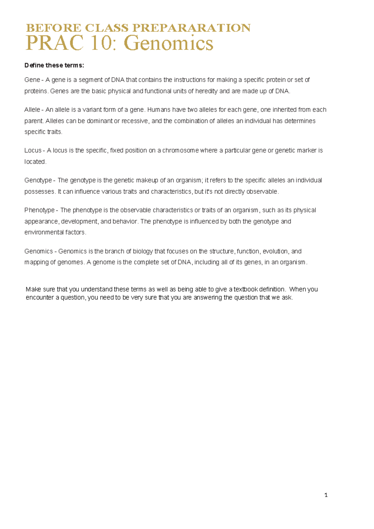 BIOL1020 Prac 10 - Genomics - BEFORE CLASS PREPARARATION PRAC 10: Genomics Define these terms ...