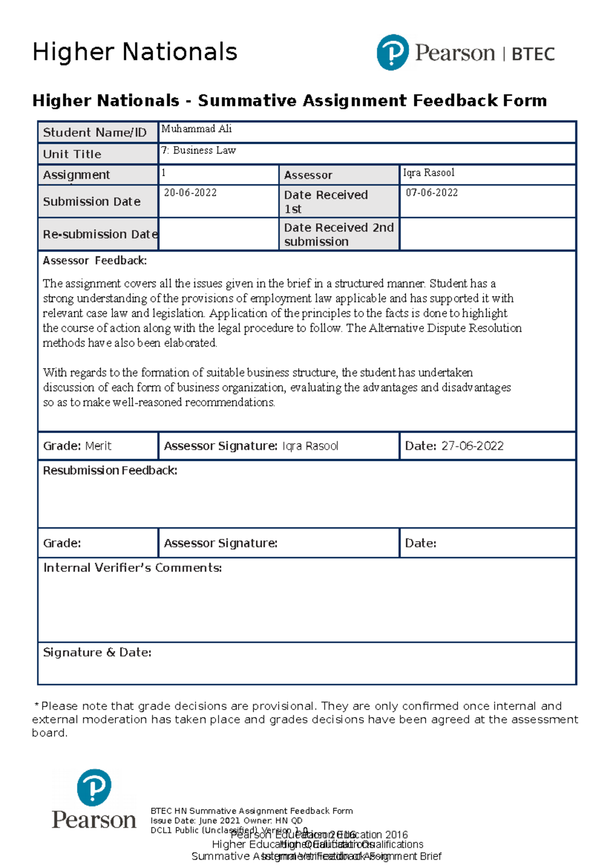 Feedback Form - Muhammad Ali - Higher Nationals Higher Nationals ...